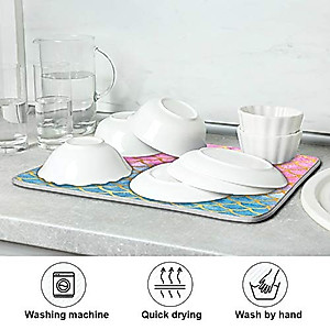 Sea Mermaid Scales Dish Drying Mat 16"x18" Absorbent Machine Washable Hanging Fast Dry Pad Dish Protective Mat for Kitchen Countertop Heat Resistant Dinner Table Mat