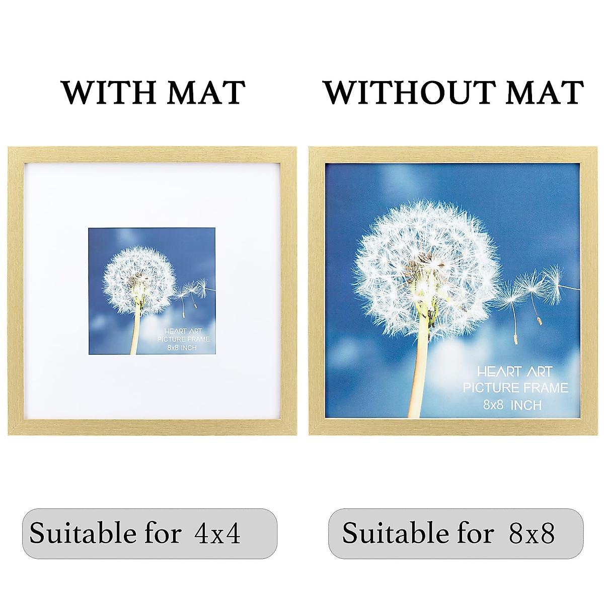 HEART ART 8x8 Gold Picture Frame Set of 9, Display Pictures 4x4 with Mat or 8 x 8 without Mat, Multi Collage Gallery Square Gold Photo Frames for Wall