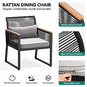 YITAHOME Patio Dining Chairs Set of 4, Outdoor Wicker Furniture Dining Chairs, All-Weather Rattan Conversation Chairs with Wood Armrest and Soft Cushions for Backyard Deck (Black+Light Gray)