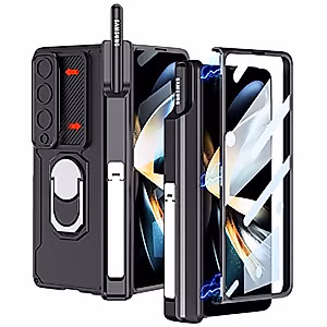 PUROOM for Samsung Galaxy Z Fold 4 Case Magnetic Hinge Coverage Protective Case, S Pen Holder & Ring Kickstand, Slide Camera Cover, Front Screen Protector All-Inclusive Case (Black)