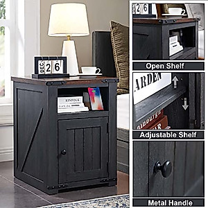 SinCiDo Nightstand with Charging Station, 20" Farmhouse End Table w/Groove Barn Door, Rustic Wood Sofa Side Bedside Table w/Open & Adjustable Shlef for Bedroom, Living Room, Dark Grey