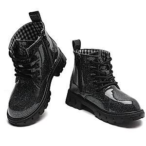 DADAWEN Boys Girls Glitter Ankle Boots Kids Lace Up Waterproof Combat Shoes With Side Zipper for Toddler/Little Kid/Big Kid Black/Glitter US Size 2 M Little Kid