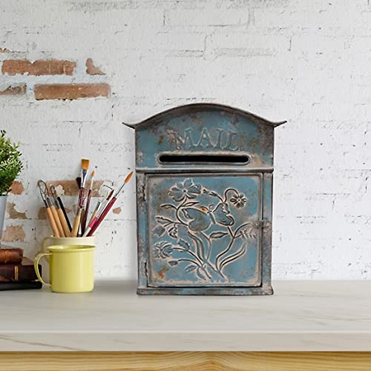 Creative Co-Op Distressed Blue Embossed Tin "Mail" Box