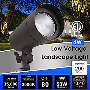 LED Landscape Lights with Connectors,12V Low Voltage, Warm White 3000K, 4W, 290LM, Outdoor Waterproof Garden Pathway Lights Wall Tree Flag Spotlights with Spike Stand, 4 Pack