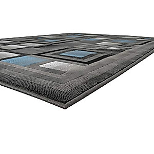HR Abstract Blue/Silver/Gray Geometric Modern Squares Pattern 5x7 Area Rug (5'2" x 7'2")