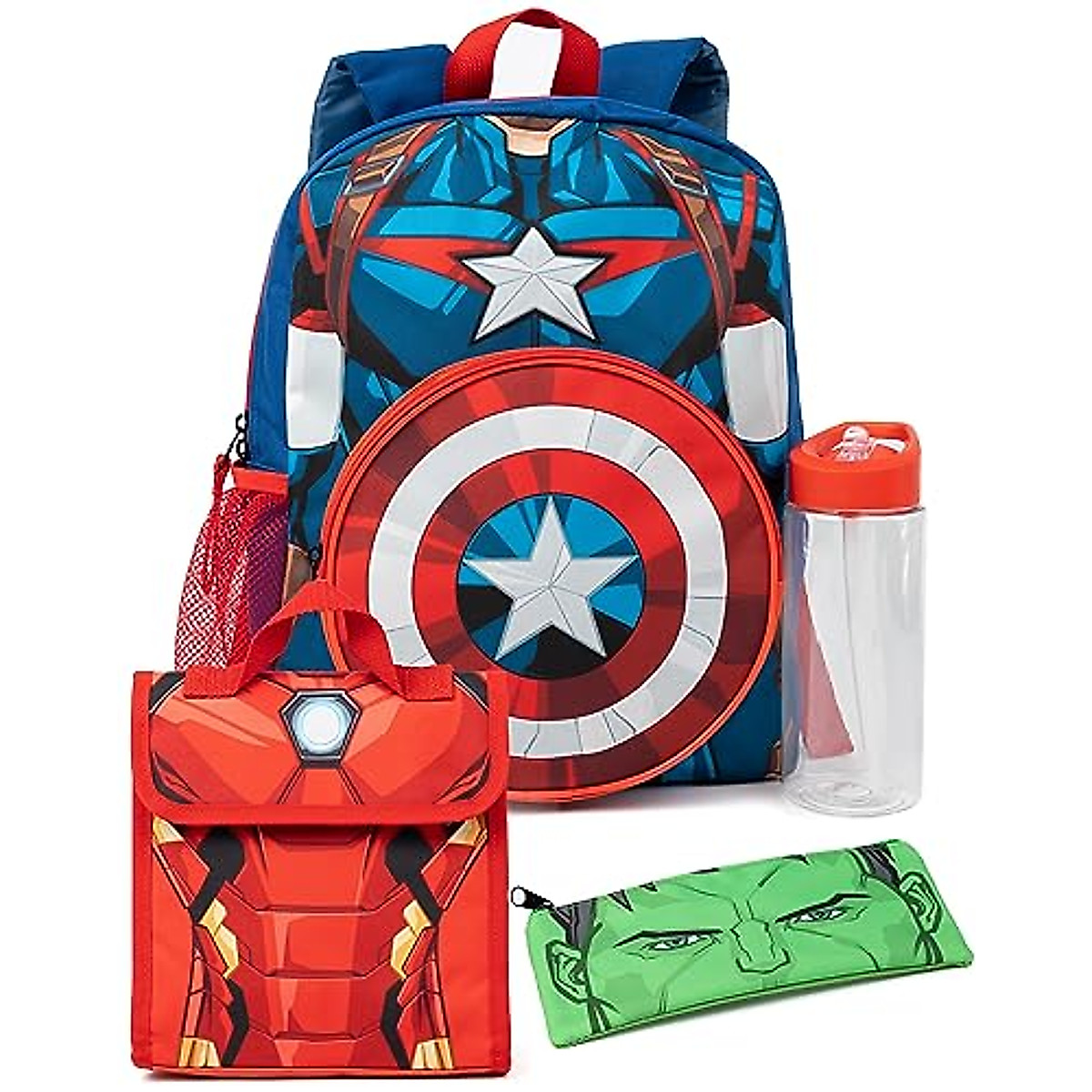 Marvel Boys Backpack | Captain America 4-Piece School Bag Set | Avengers Merchandise | Multiple Compartments