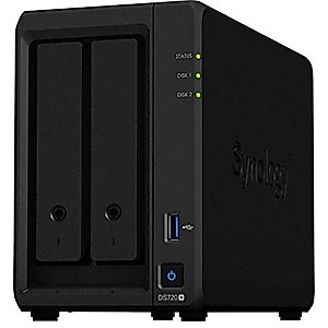 Synology DiskStation DS720+ NAS Server with Celeron 2.0GHz CPU, 6GB Memory, 32TB HDD Storage, 1TB M.2 NVMe SSD, 2 x 1GbE LAN Ports, DSM Operating System
