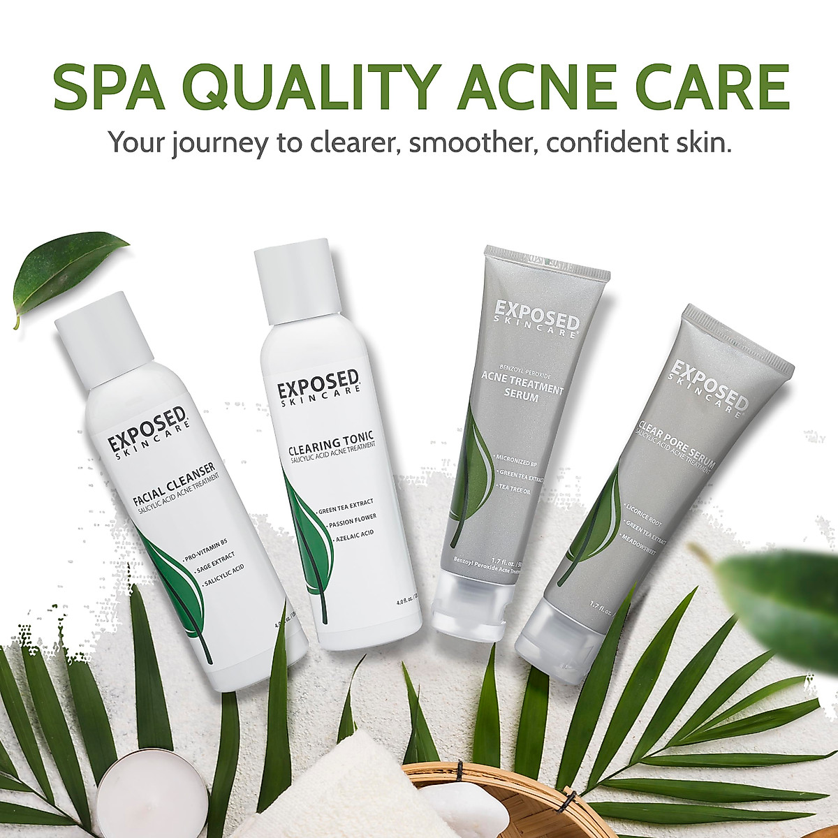 Exposed Skin Care Basic Acne Treatment Kit - Includes Salicylic Acid Face Wash, Clearing Tonic, Acne Treatment Serum with Benzoyl Peroxide, Clear Pore Serum - Acne Set Solution for All Skin Types