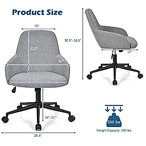 Giantex Fabric Office Chair, Upholstered Linen Leisure Chair, Ergonomic Desk Chair w/Rocking Backrest, Modern Vanity Chair, Swivel Adjustable Task Chair for Bedroom & Study (Grey)
