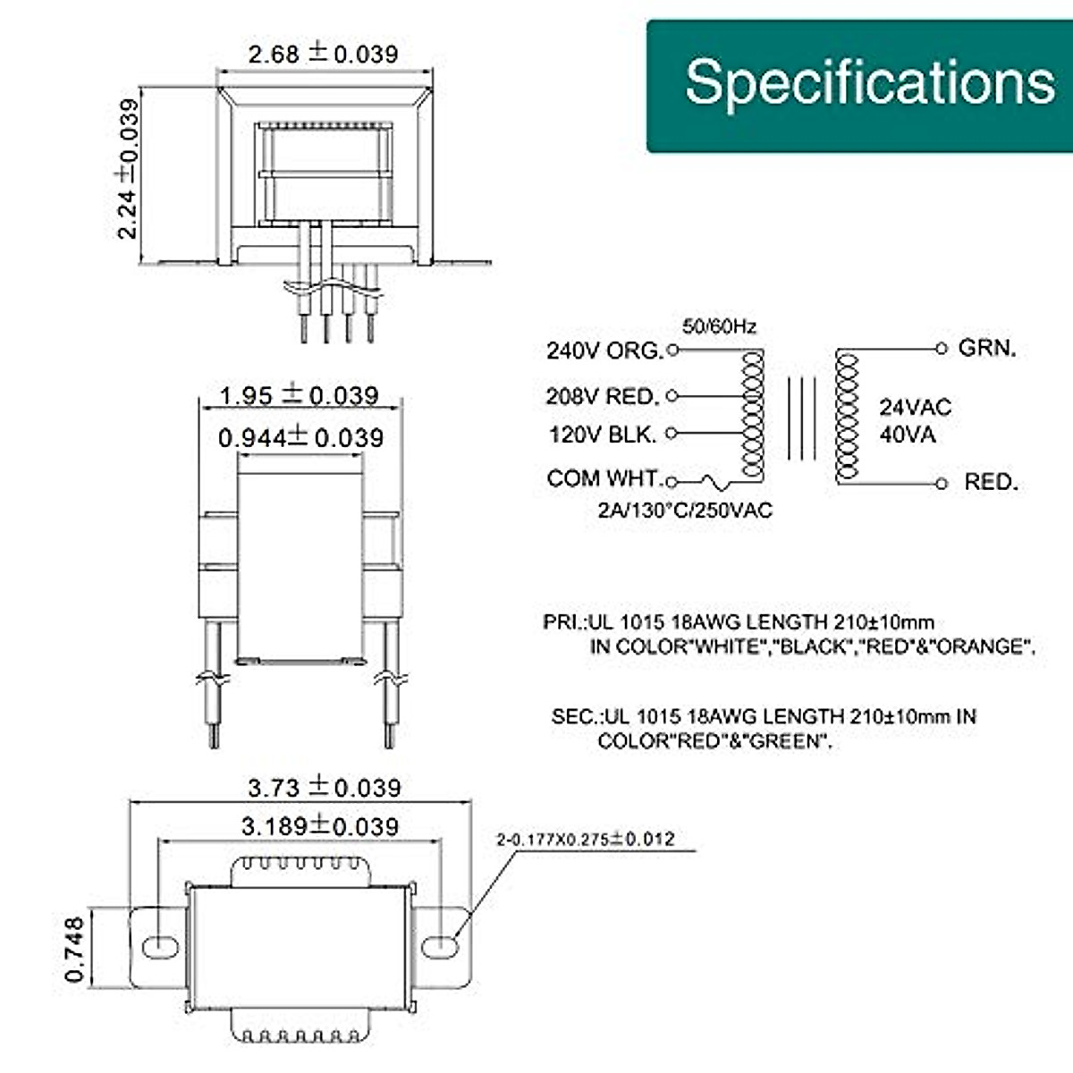 Control Transformer 40VA, Primary 120, 208, 240V Secondary 24V, HVAC Furnace Multi Tap, 1 Pack