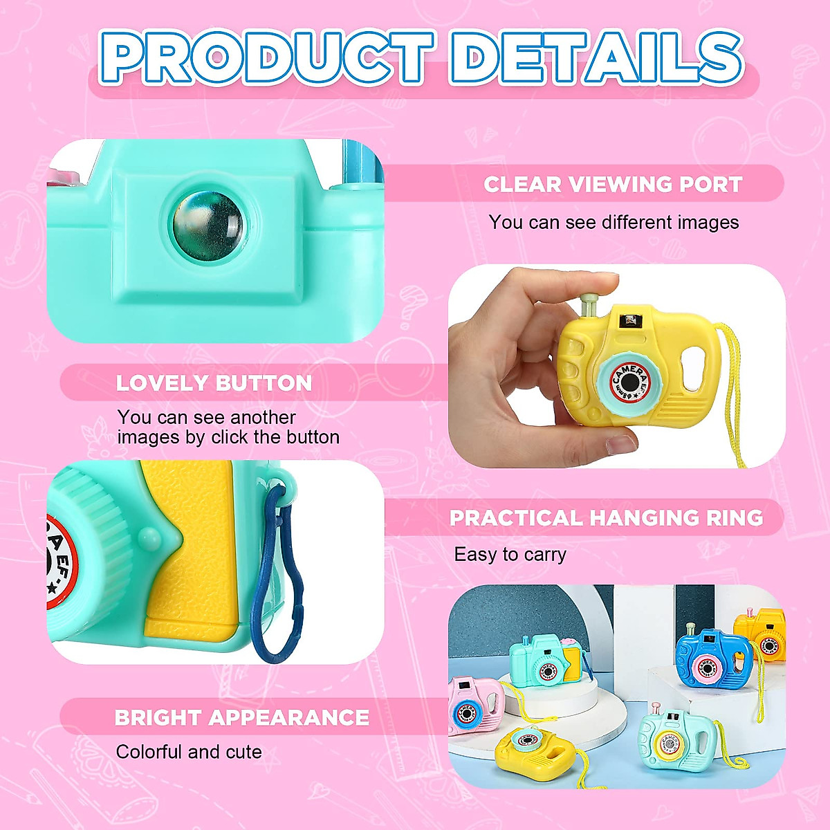 Hungdao 64 Pcs Toy Camera Bulk Set Pretend Play Prop with Images in Viewfinder, Mini Play Camera Plastic Camera Toy Birthday Party Favors, Goodie Bag Fillers, Return Gifts for Boys and Girls