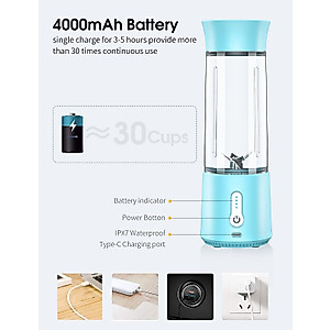 MPWHYL Portable Blender, Personal Blender Smoothies and Shakes, Type-C Rechargeable 4000mAh Mini Blender with 500ml Bottle,IPX7 Waterproof Small Blender Single Juicers (Blue)