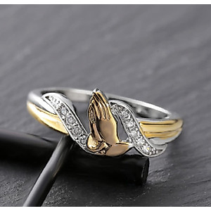 HUKQBUNX 18K Gold Diamond Prayer Hand Two Color Ring Prayer Gesture Palm Ring Cubic Zircon Universal Blessing Ring Size 6-10 (Size 7)
