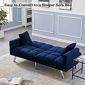 Velvet Futon Sofa Bed with Two Pillows, Convertible Sleeper Sofa Couch with 3 Angle Adjustable Backrest, Modern Loveseat with 6 Metal Legs for Living Room, Bedroom (Blue)