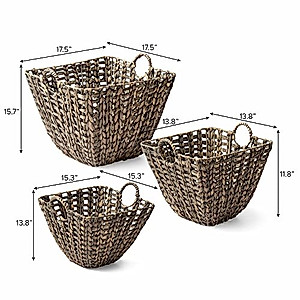 Artera Large Wicker Storage Basket - Set of 3 Woven Water Hyacinth Blanket Baskets with Handle, Natural Nesting Storage Bins for Living Room, Bedroom, Bathroom or Laundry Room