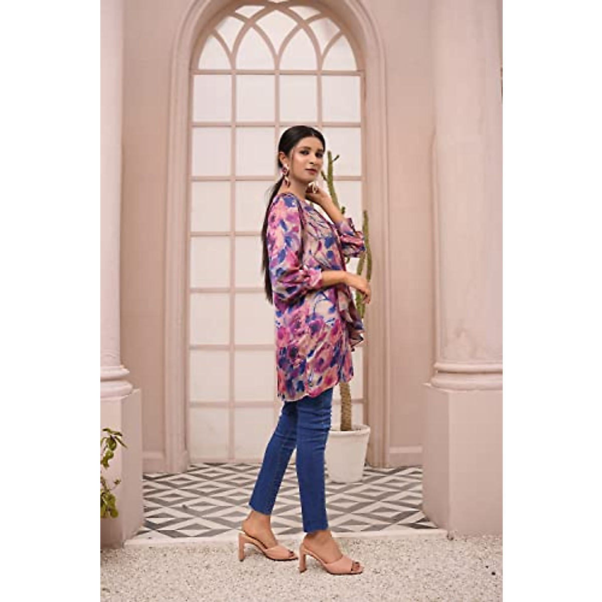 IshDeena Indian Kurti Tops for Women: Boho and Peasant Blouses, Loose Fit Tunic Tops, Silky Soft for Office or Travel (Medium/Pink)
