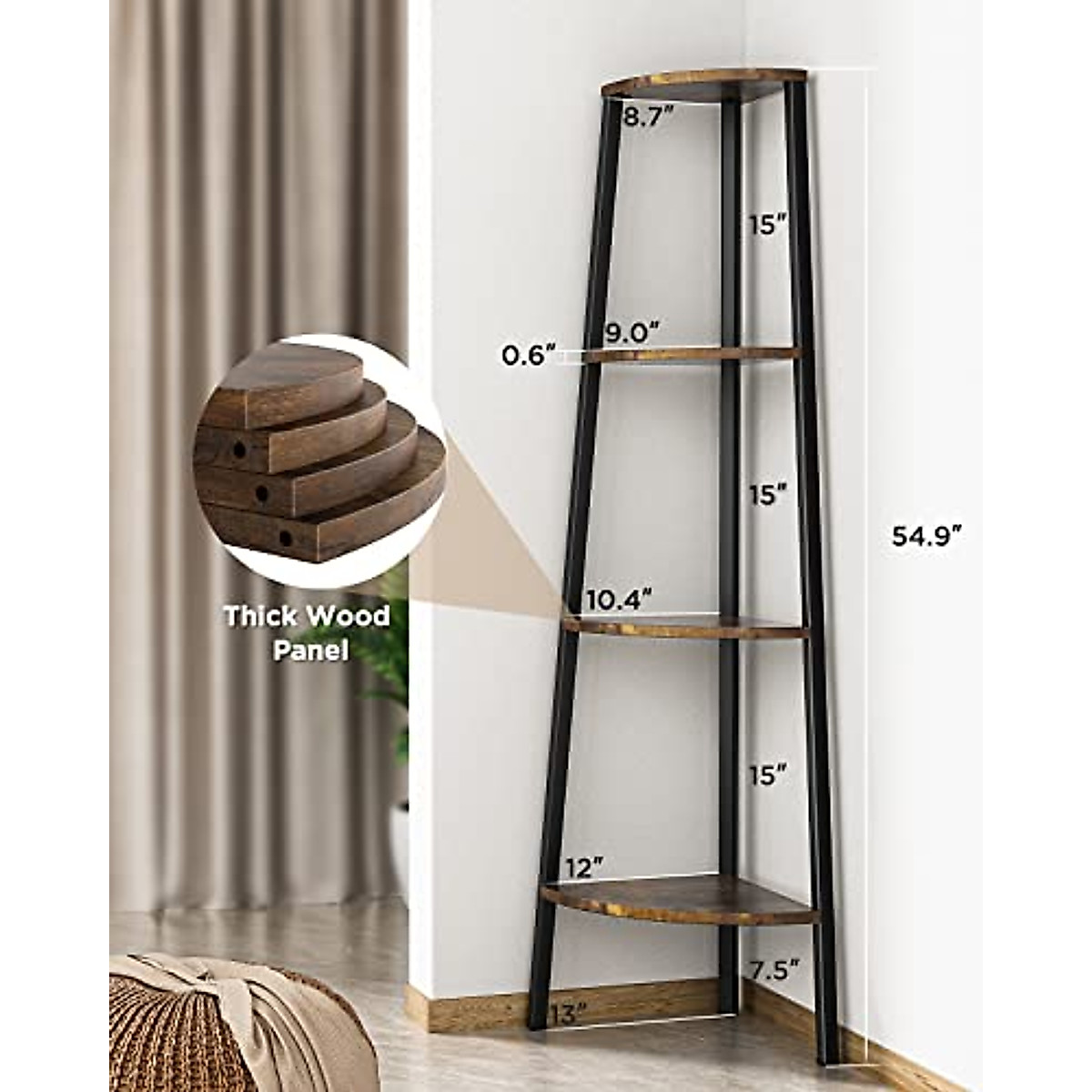 FURNINXS 4 Tier Corner Shelf Standing, Shelving Unit, Display Rack for Bedroom, Living Room, Office, Kitchen, Rustic Brown