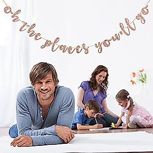 INNORU Oh The Places You'll Go Banner - Travel Theme Farewell Party Bunting Decor - Bon Voyage - Birthday Anniversary Graduation Baby Shower Party Decorations, Rose Gold Glitter