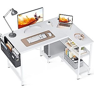ODK Small L Shaped Computer Desk, 40 Inch Corner Desk with Reversible Storage Shelves & PC Stand for Home Office Workstation, Modern Simple Writing Study Table with Storage Bag for Small Space, White