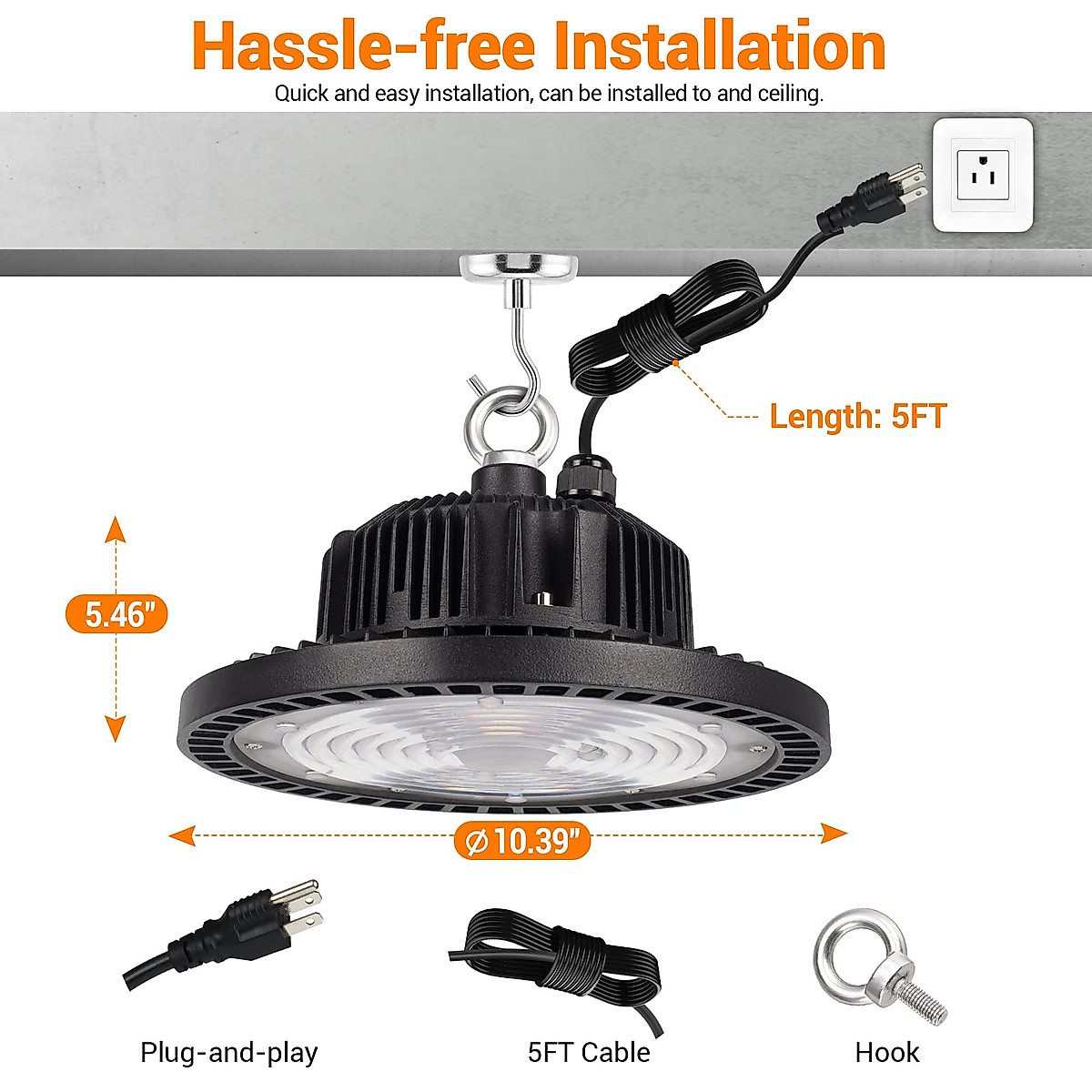 CT CAPETRONIX High Bay LED Lights, UFO LED High Bay Light 100W, 13,000LM (130lm/w) 5000K 400W HPS Equivalent, 5' Cable with AC85-265V Plug for Warehouse,Garage,Gym,Retail Stores.