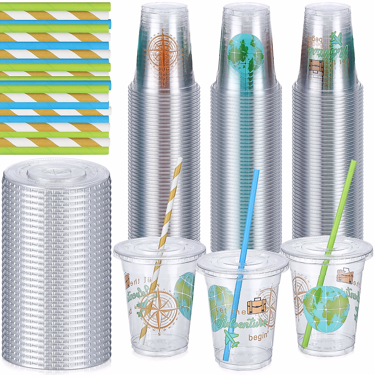 Sliner 60 Pcs Adventure Awaits Party Cups 12 oz Voyage Party Tableware Plastic Cups with Lids and Paper Straws for World Travel Themed Birthday Graduation Baby Shower Party Supplies 60 Guests