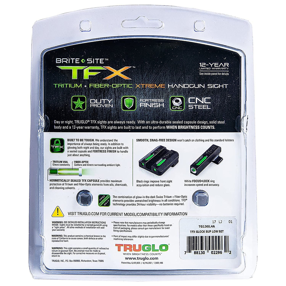 TruGlo TFK Fiber Optic and Tritium Handgun Laser Sight Accessories Set with Front Focus Lock for Glock 17/17L, 19, 22, 23, 24 Models and More