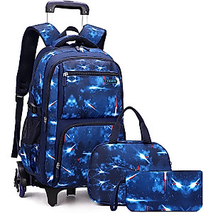 Egchescebo 18" School Kids Rolling Backpack for Boys With Wheels Trolley Wheeled Backpacks for Boys Students Travel Bags Adults Backpack With Lunch Box Pencil Bag 3PCS Blue