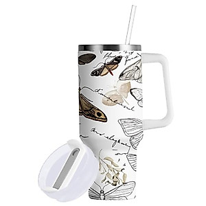 RPLIFE Various Insects White Tumbler with Handle and Straw, Stainless Steel Cup, Insulated Cup with Straw, Coffee Tumbler for Women