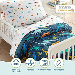 Wildkin 4-Piece Toddler Bed in a Bag – Cotton Comforter, Sheets & Pillowcase for Cozy Cuddles - Jurassic Dinosaurs