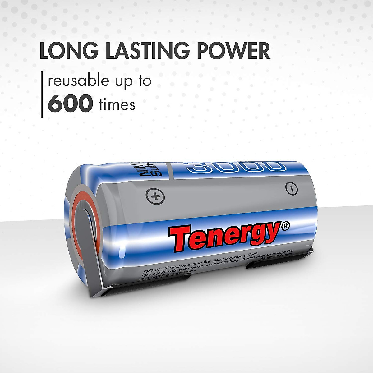 Tenergy NiMH SubC 1.2V 3000mAh Rechargeable Batteries, with Tabs, 15 Pack