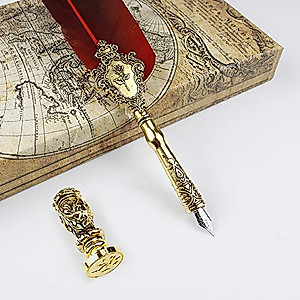 Feather Quill Pen and Ink Set,Writing Quill,Vintage Calligraphy Dip Pen Kit with 17Replacement Nibs,Wax Seal Sticks,Wooden Dip Pen,2 in 1 Seal Stamp Pen Nib Base,Envelope,Letter Opener