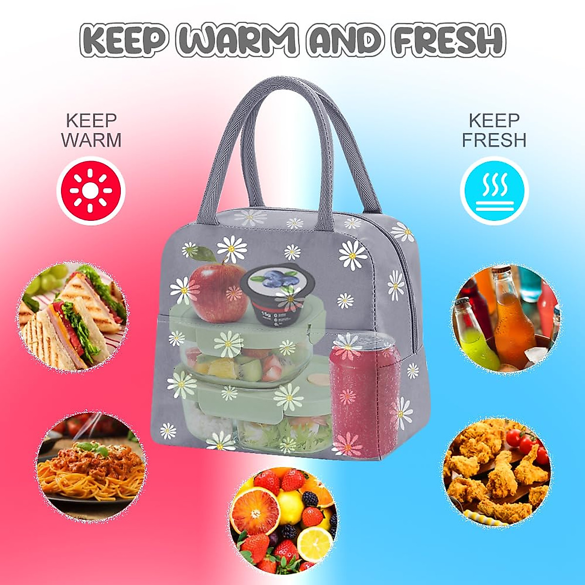 TIECHI Reusable Insulated Lunch Bag for Women/Men/Adult Portable Thermal Lunch Box Tote Bag Small Lunch Bag with Daisy Pattern for Work & Any Occasion