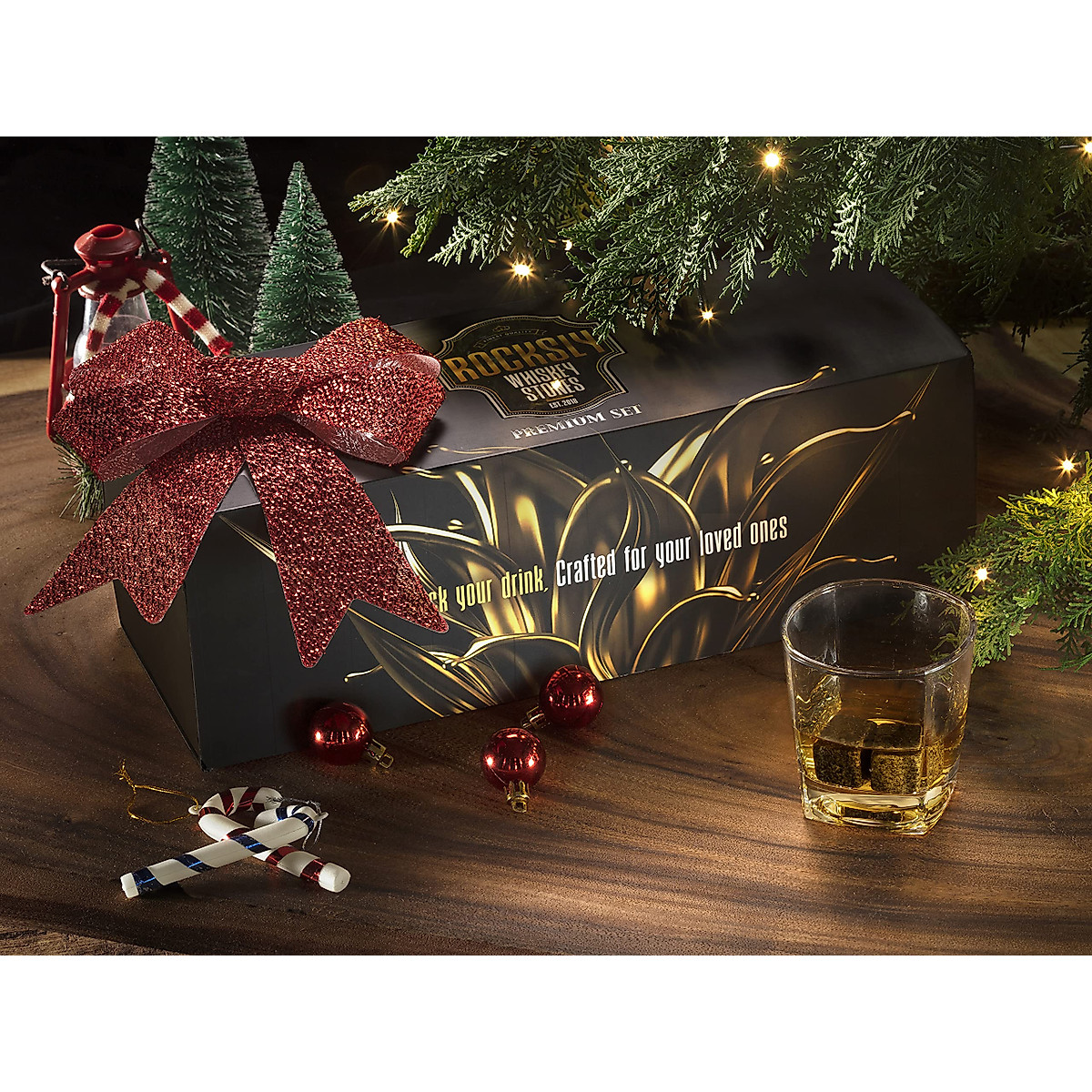 ROCKSLY Whiskey Stones Gift Set with Stand | Handcrafted Whiskey Glass Set Granit Whiskey Rocks for Perfect Drink | Whiskey Gift Set & Whiskey Kit | Best Whisky Stones Glass Set for Men dad (Mahogany)