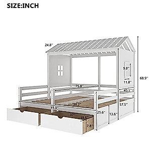 BOVZA Double Twin Size House Bed with Storage Drawers, Side by Side Twin Size Beds, Two Twin Platform Beds for Kids Girls Boys Teens, White