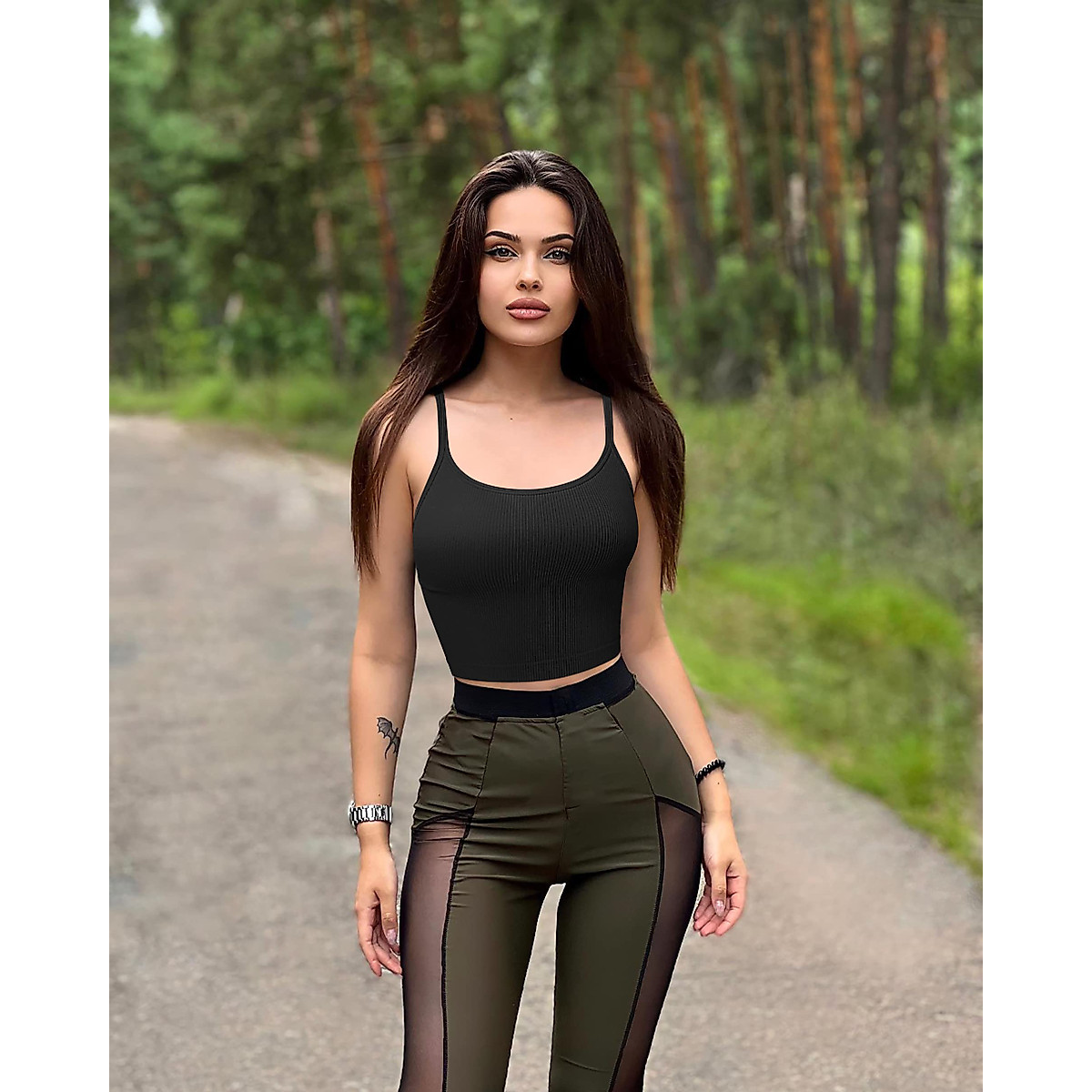 OQQ Women's 3 Piece Tank Tops Ribbed Adjustable Spaghetti Strips Workout Shirts Yoga Crop Tops Black Coffee Beige