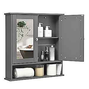 GLACER Bathroom Medicine Cabinet, Hanging Storage Cabinet with Double Mirror Doors, Perfect for Bathroom, Living Room, Corridor, Cloakroom, 22 x 5 x 23 inches (Grey)