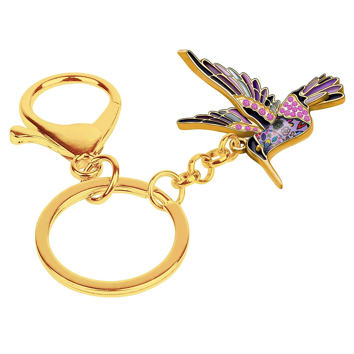 DALANE Enamel Alloy Crystal Hummingbird Keychains Birds Bag Key Ring Jewelry for Women Girls Charms Gifts (Gold Plated Purple)