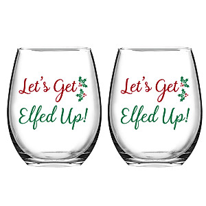 Let's Get Elfed Up Christmas Wine Glass, 15 Oz Funny Stemless Wine Glasses for Women Friends Men, Gift Idea for Christmas Wedding Party, Set of 2