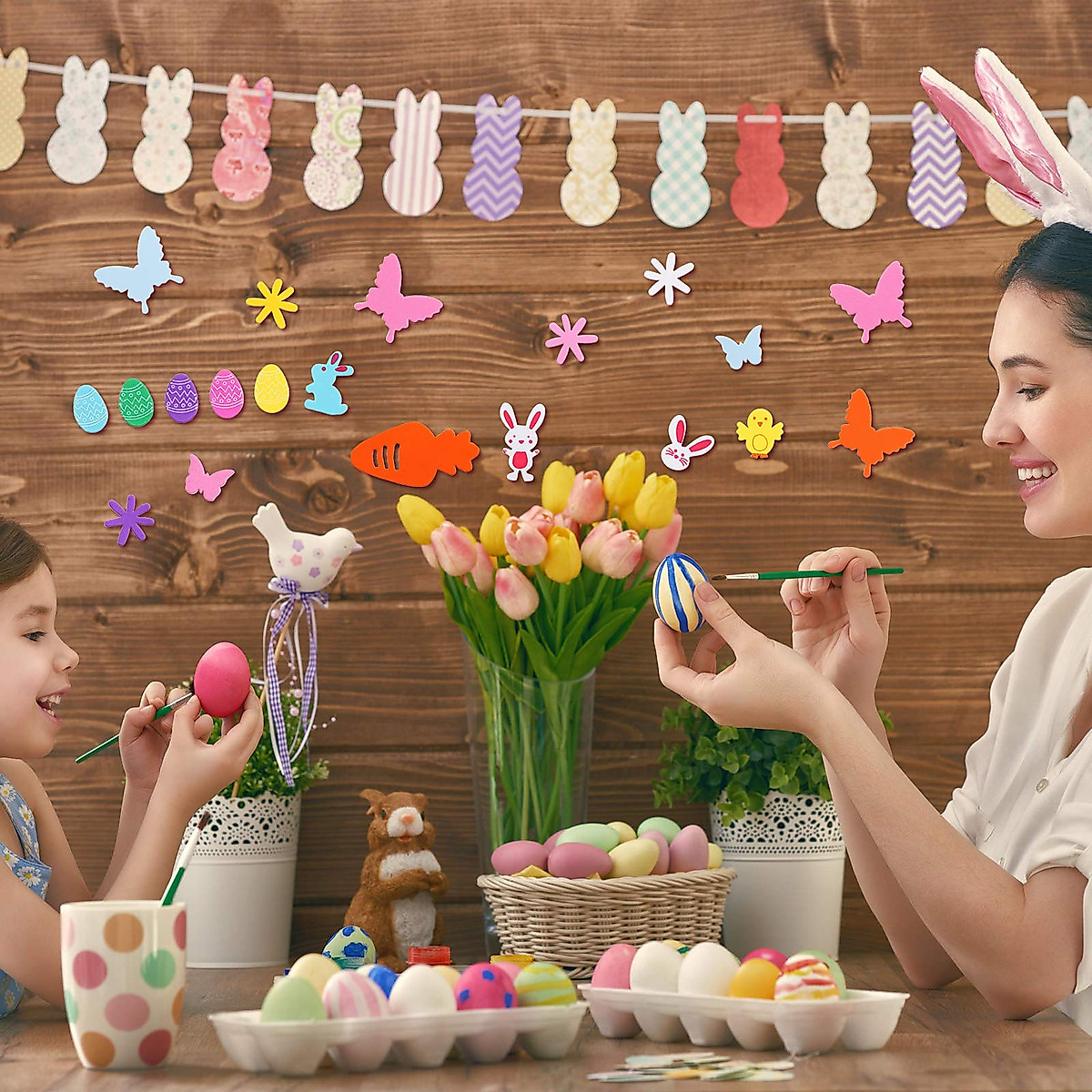 12 Pieces DIY Easter Foam Stickers Self-Adhesive Big Easter Egg Stickers and 300 Pieces Bunnies Chicks Flower Shaped Stickers for Kids Crafts Arts Party Supplies