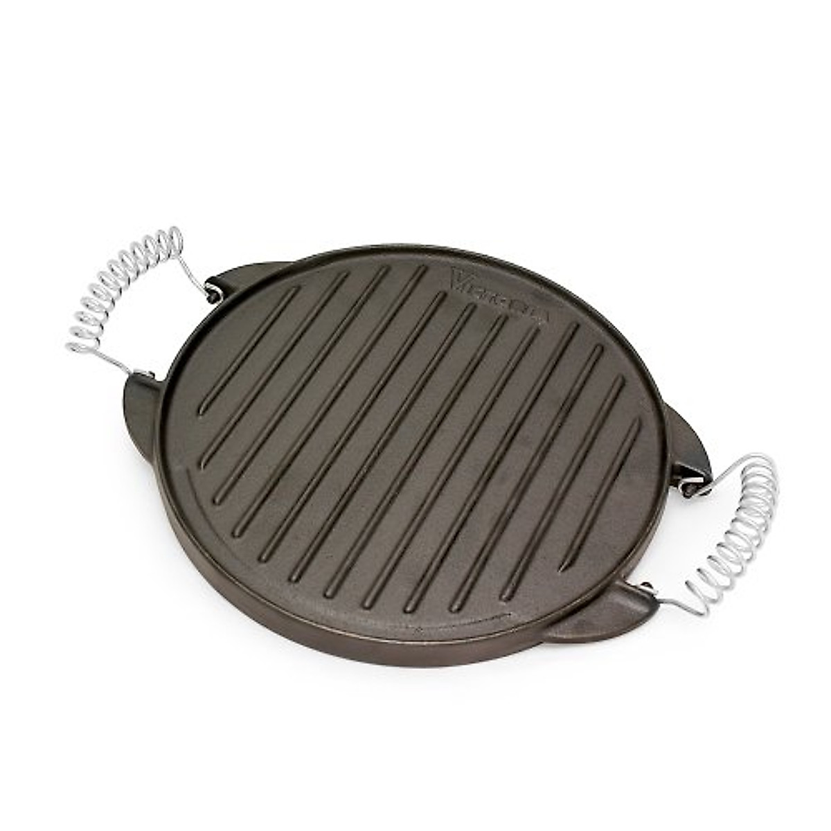 Victoria Round Cast Iron Gril. Double Burner Griddle, with Wire Handles Seasoned with 100% Kosher Certified Non-GMO Flaxseed Oil, 10 Inch, Black