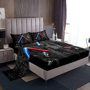 Lightsaber Bed Sheets Twin Size 3D Neon Blue Red Bedding Set 3Pcs Geometric Sun Moon Round Sheet Set for Kids Boys Girls Teens Room Decor Fashion Vintage Stone Wall Fitted + Flat Sheet,Black