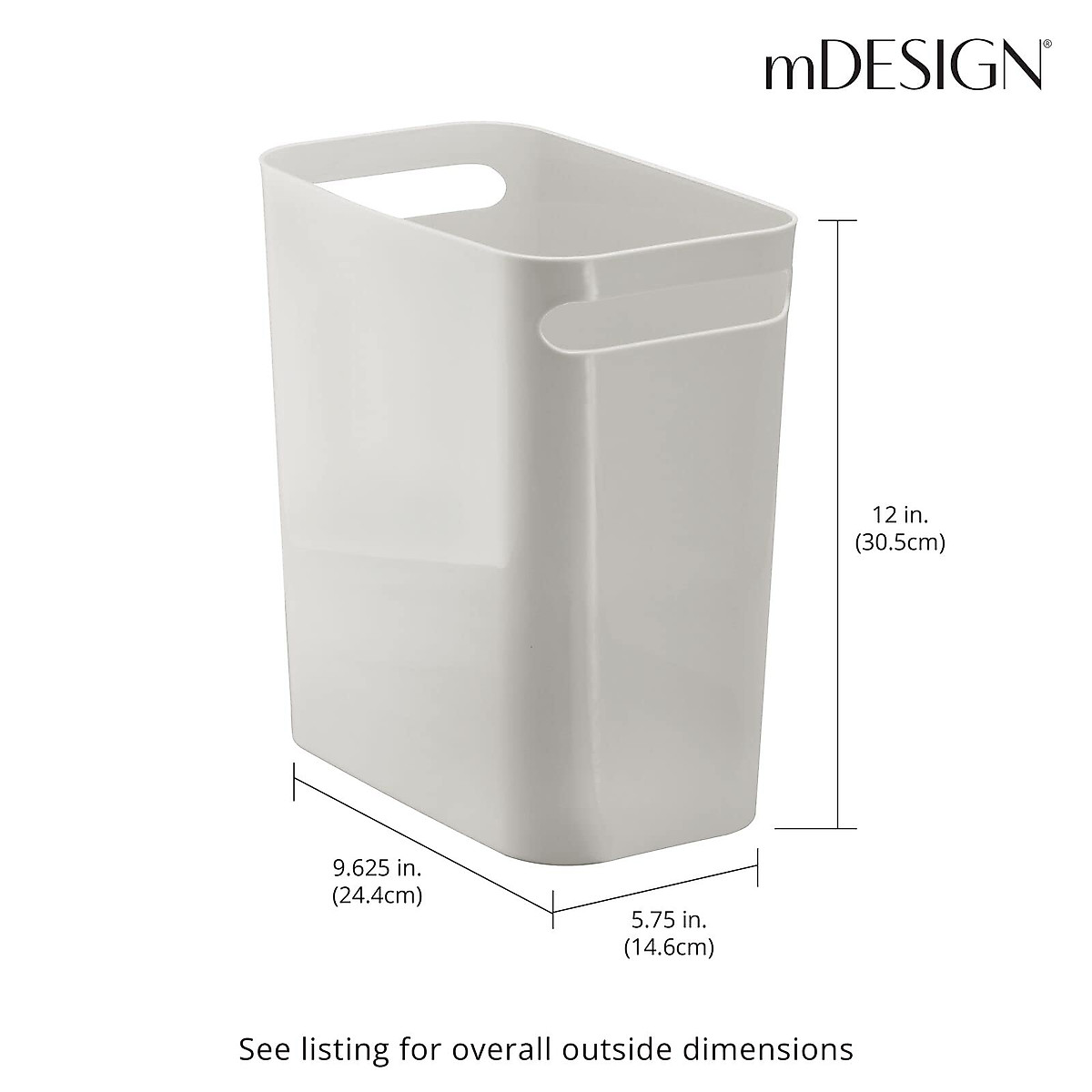 mDesign Plastic Slim Large 2.5 Gallon Trash Can Wastebasket, Classic Garbage Container Recycle Bin for Bathroom, Bedroom, Kitchen, Home Office, Outdoor Waste, Recycling - Aura Collection - Light Gray