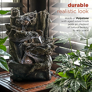 Alpine Corporation 14" Tall Indoor/Outdoor Tiered Log Tabletop Fountain with LED Lights, Beige