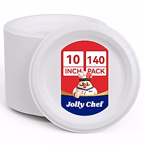 JOLLY CHEF10 inch 140 Pack Disposable Paper Plates,Soak Proof, Cut Proof, Microwave Safe Heavy Duty Paper Plates Everyday Use