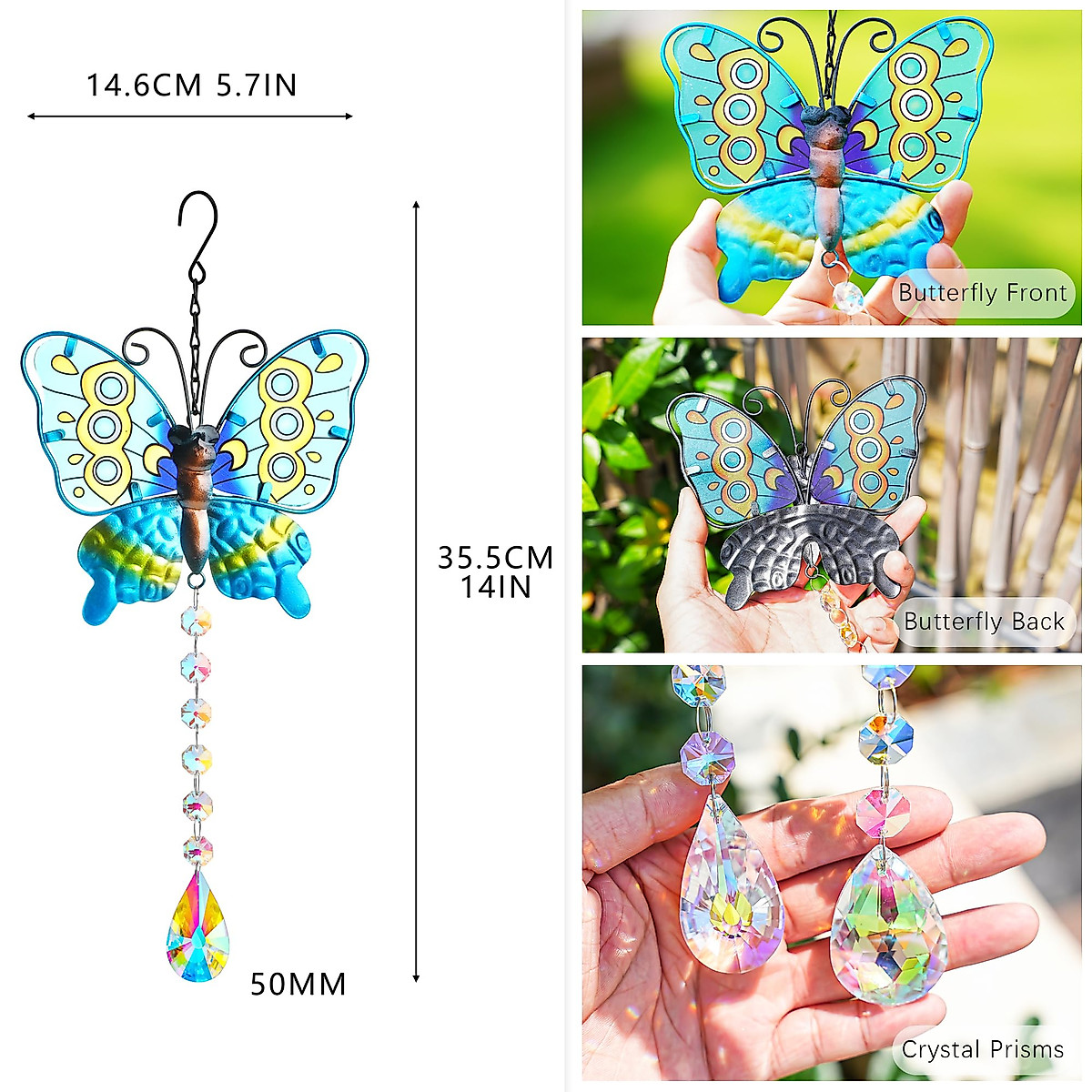 Set 2 Metal Butterfly Suncatchers for Windows - 14" Outdoor Fence Wall Art Decor, Rainbow Prisms Sun Catchers with Crystals Hanging for Home Garden Ornament