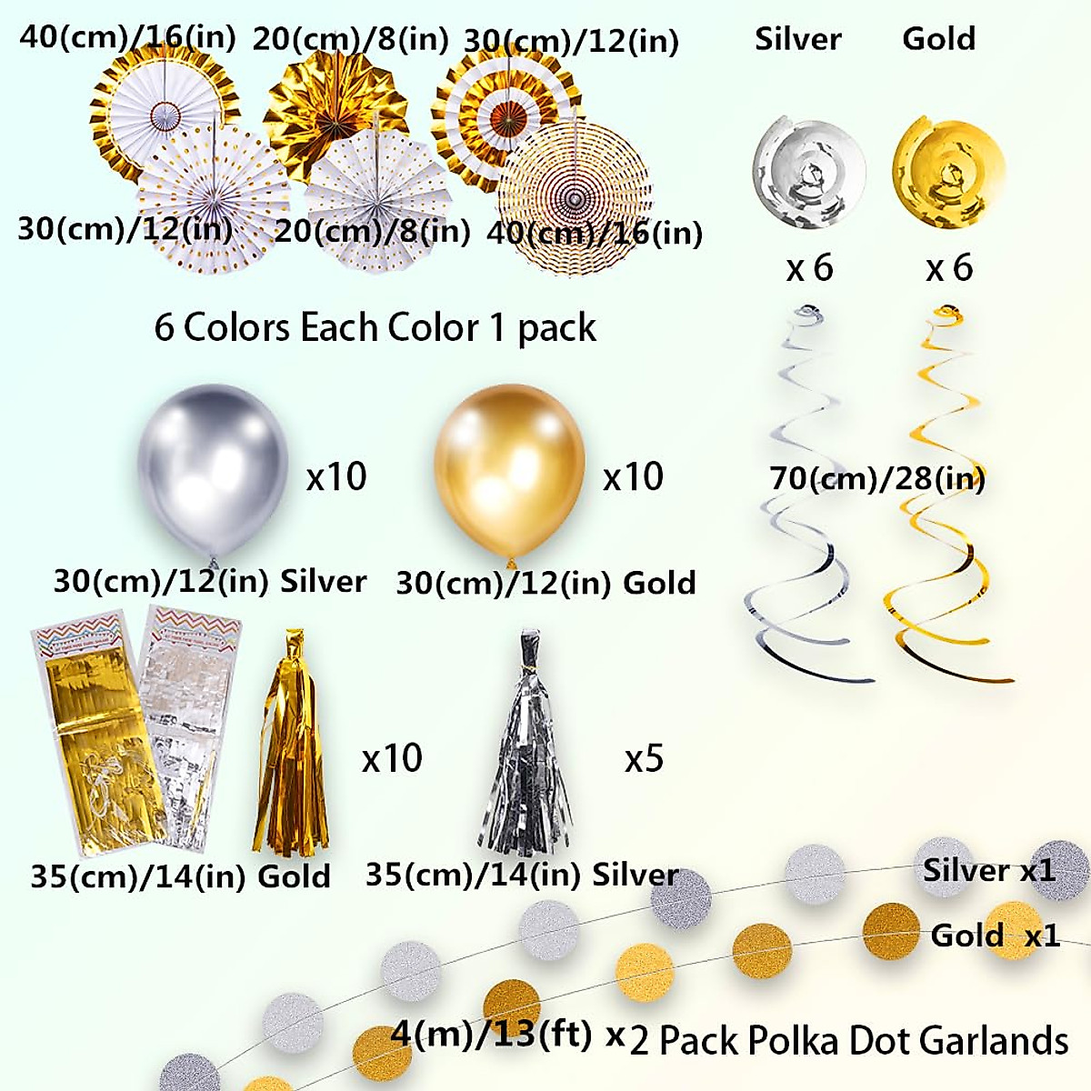 Party Decorations - Hanging Paper Fans, Balloons, Tassel Garland, Circle Paper Garland, Hanging Swirl 54 PCS (Gold and Silver).