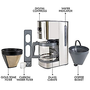 Kenmore Aroma Control 12-Cup Programmable Coffee Maker, Stainless Steel Drip Coffee Machine, Glass Carafe, Reusable Filter, Timer, Digital Display, Charcoal Water Filter, Regular or Bold