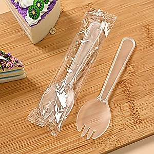 100PCS Disposable Sporks, Individually Wrappe Eco-Friendly Durable Plastic Spork, 2 in 1 Forks and Spoons Great for School Lunch, Picnics or Restaurant and Party Supply (Clear)