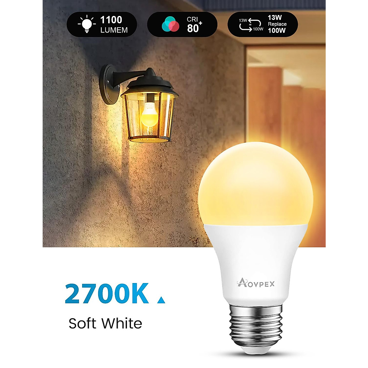 Aovpex Dusk to Dawn LED Outdoor Light Bulbs, 13W 1100LM(100W Equivalent), A19 Sensor LED Bulb, E26 2700K Soft White Day Night Bulbs, Auto ON/Off, Sensor Lighting for Porch Garage Front Door, 4 Pack