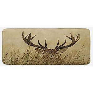 Lunarable Antler Kitchen Mat, Whitetail Deer Fawn in Wilderness Stag in Countryside Rural Hunting Theme, Plush Decorative Kitchen Mat with Non Slip Backing, 47" X 19", Sand Brown
